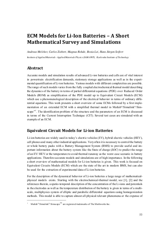 ECM Models for Li-Ion Batteries – A Short Mathematical Survey ...