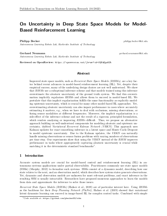 On Uncertainty in Deep State Space Models for Model-Based Rein...