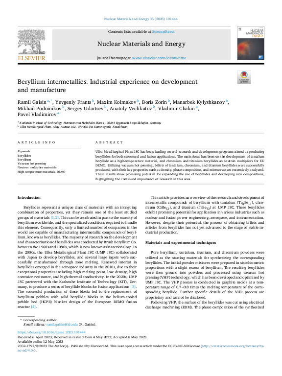 Beryllium intermetallics: Industrial experience on development...