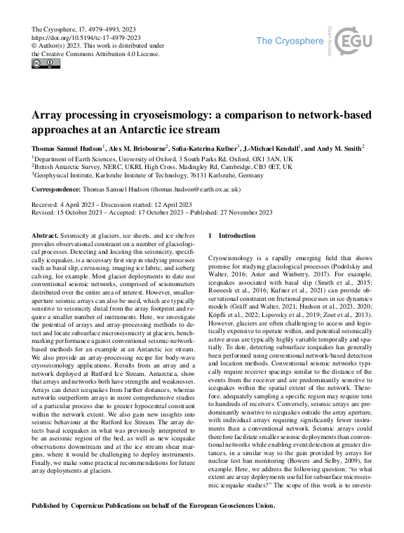 Array processing in cryoseismology: a comparison to network-ba...